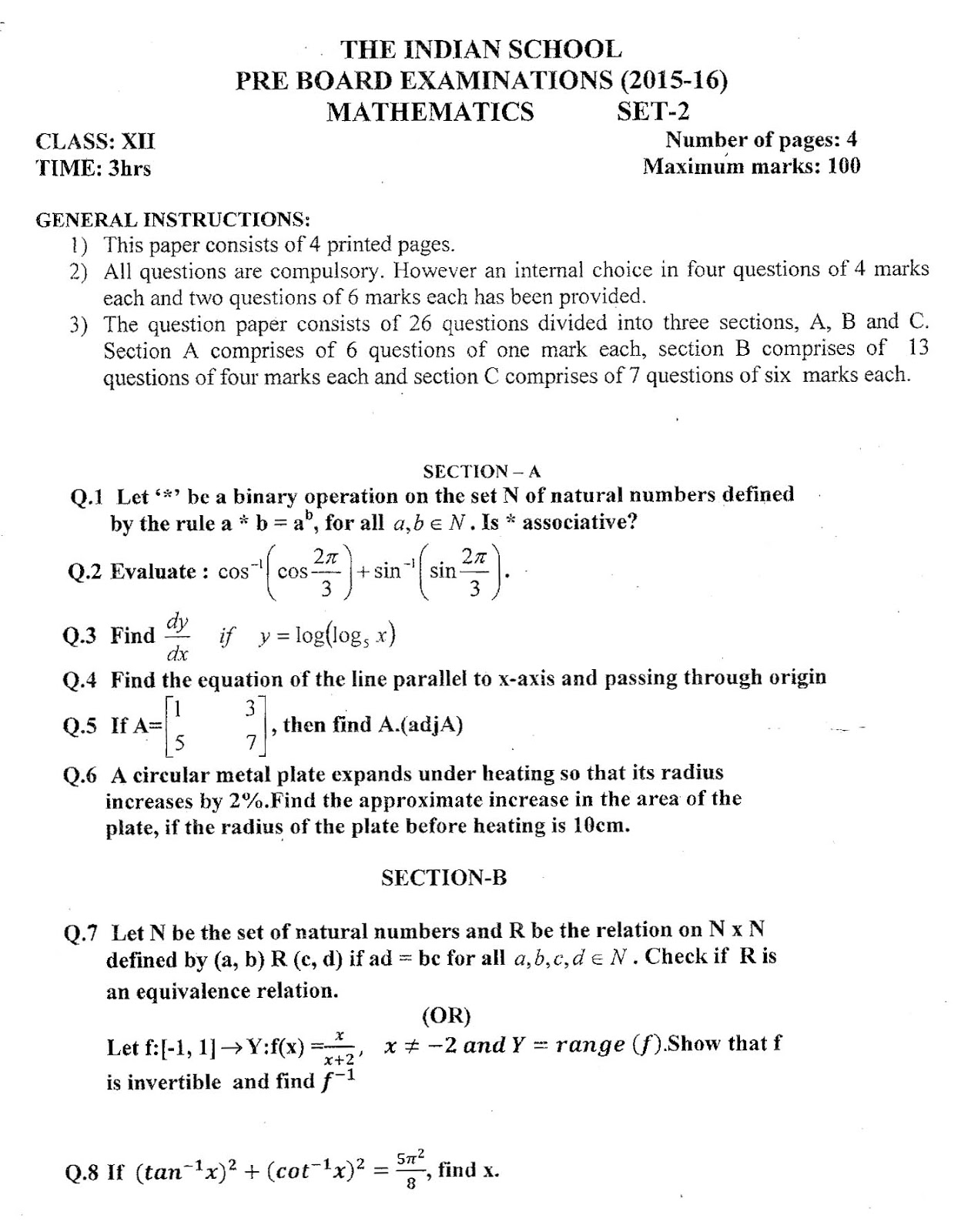Class XII Mathematics THE INDIAN SCHOOL PRE BOARD Question Paper 2015 ...
