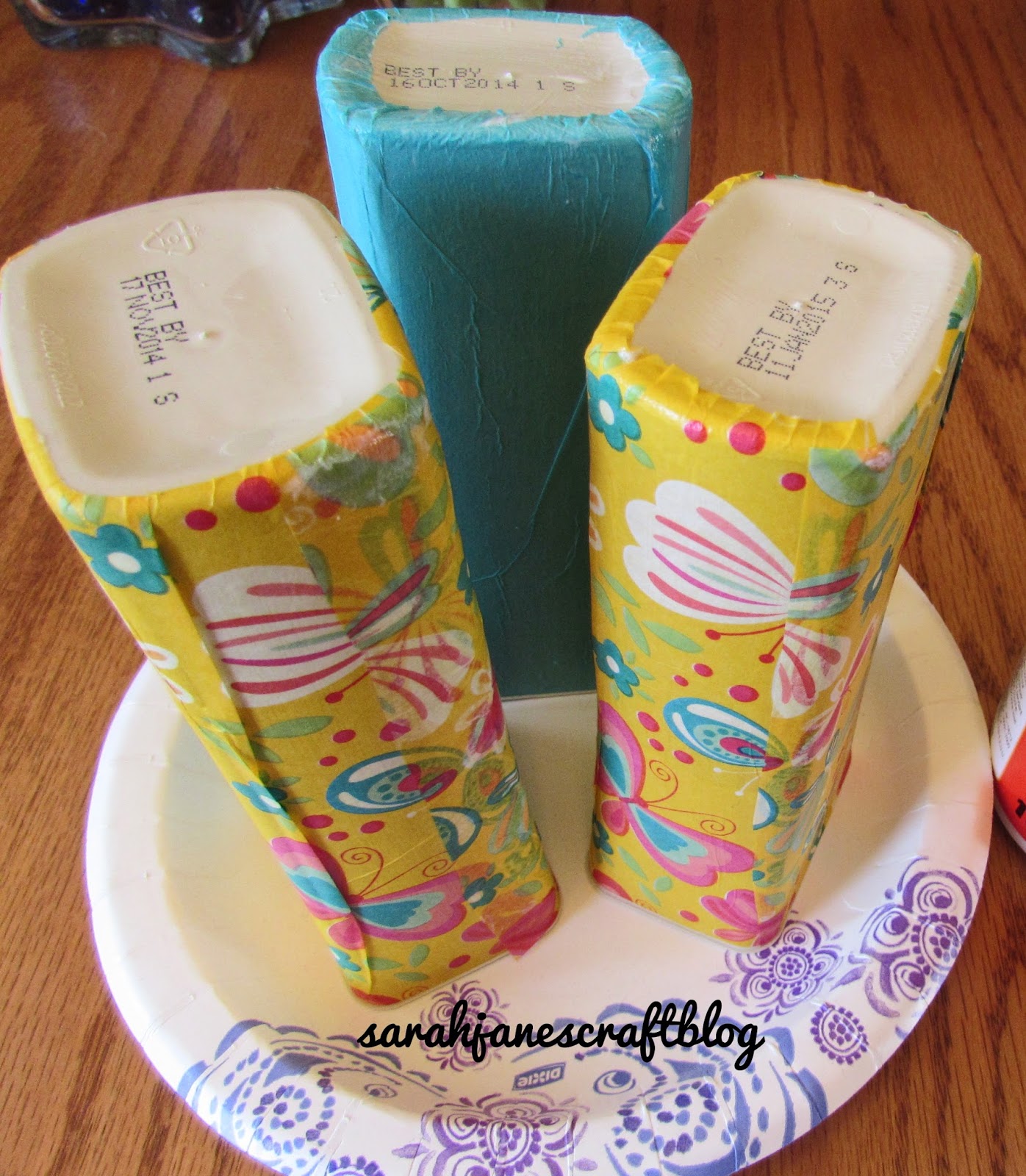 Tissue Paper and Mod Podge on Drink Mix Containers