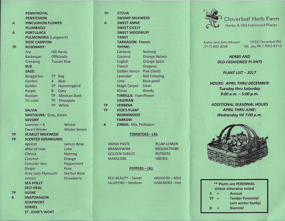 Cloverleaf Herb Farm: Plant List 2017