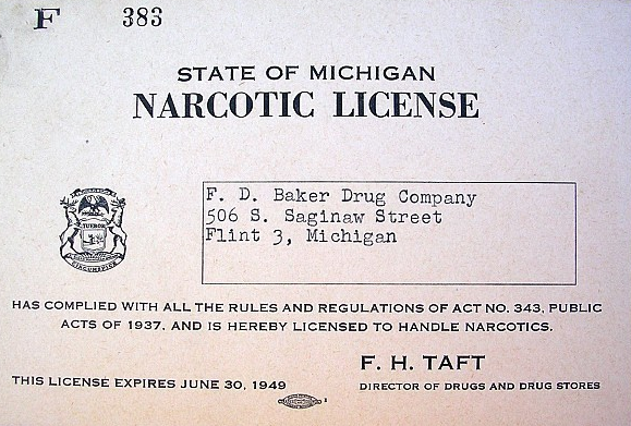 Flint Expatriates: Flint Artifacts: Baker Drug Narcotic License