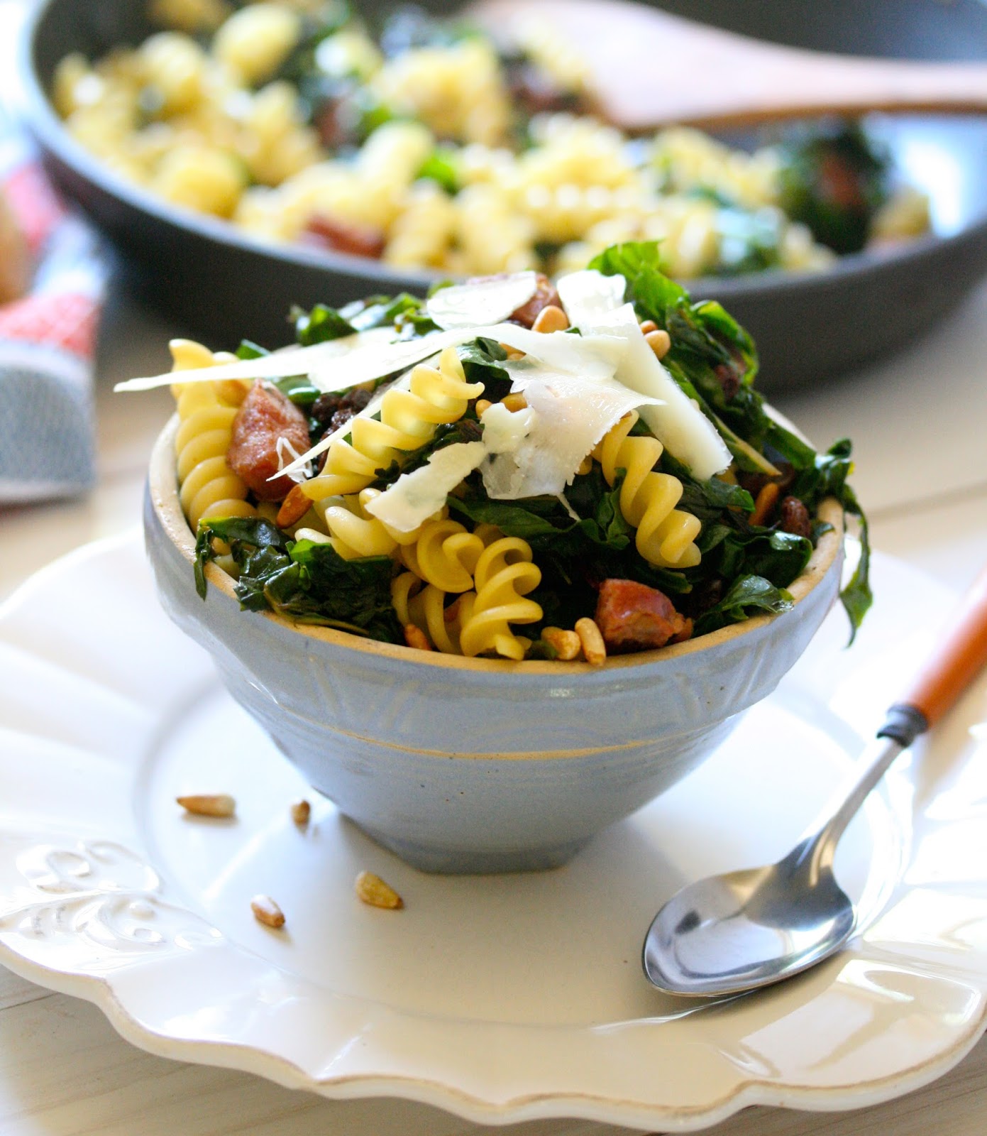 Curly Pasta with Sausage, Swiss Chard, and Pine Nuts