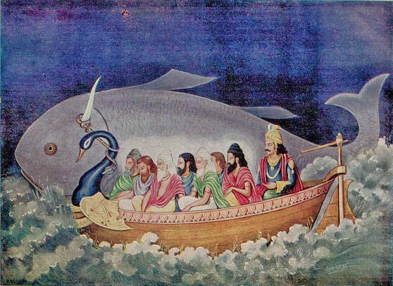 Il pesce Matsya trae in salvo i Saptarishi e il Manu dal Grande Diluvio ...