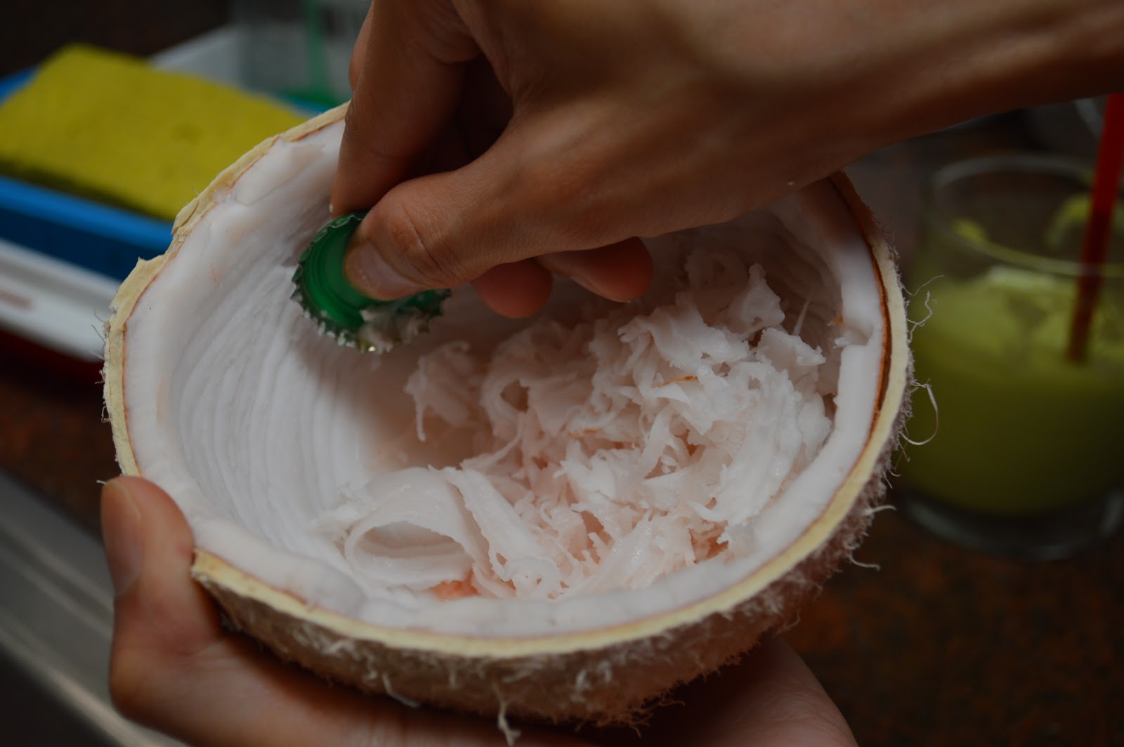 Coconut Household Hack - How To Shave The Coconut Meat With Beer Bottle ...