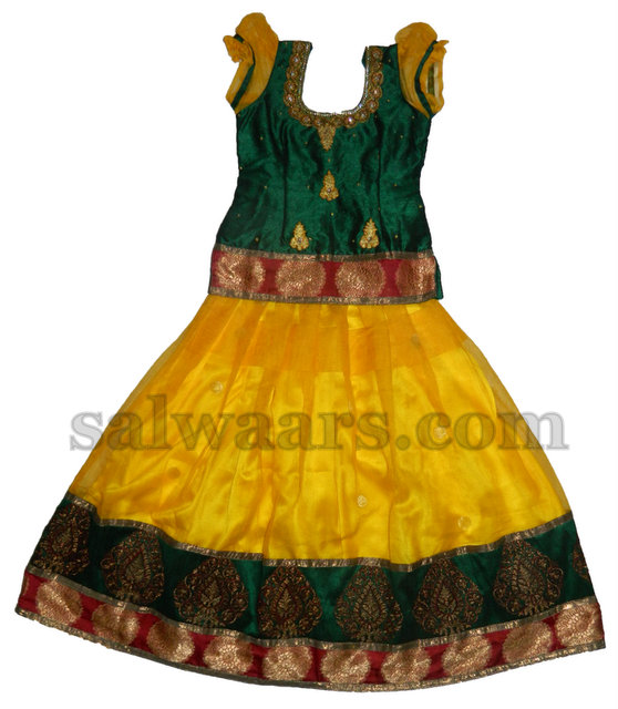 Green and Yellow Pattu Pavada - Indian Dresses