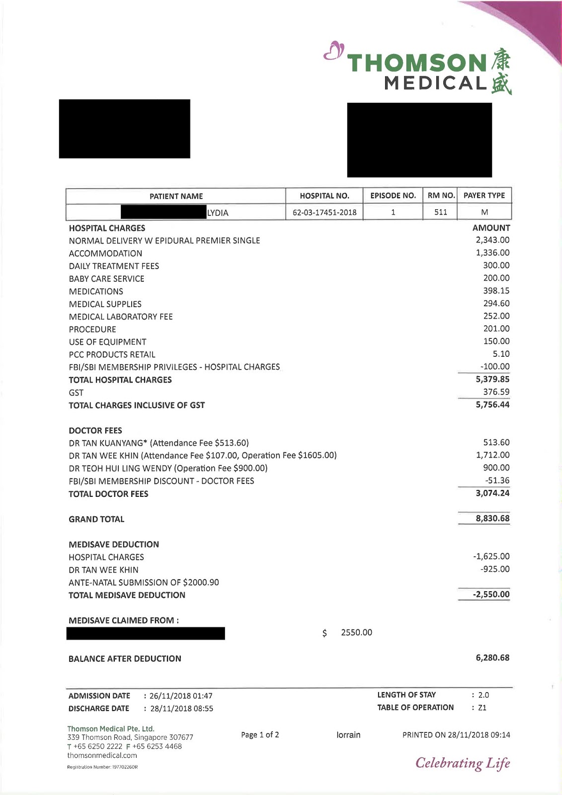 Delivery at Thomson Medical Centre + Hospital fees (Nov 2018)
