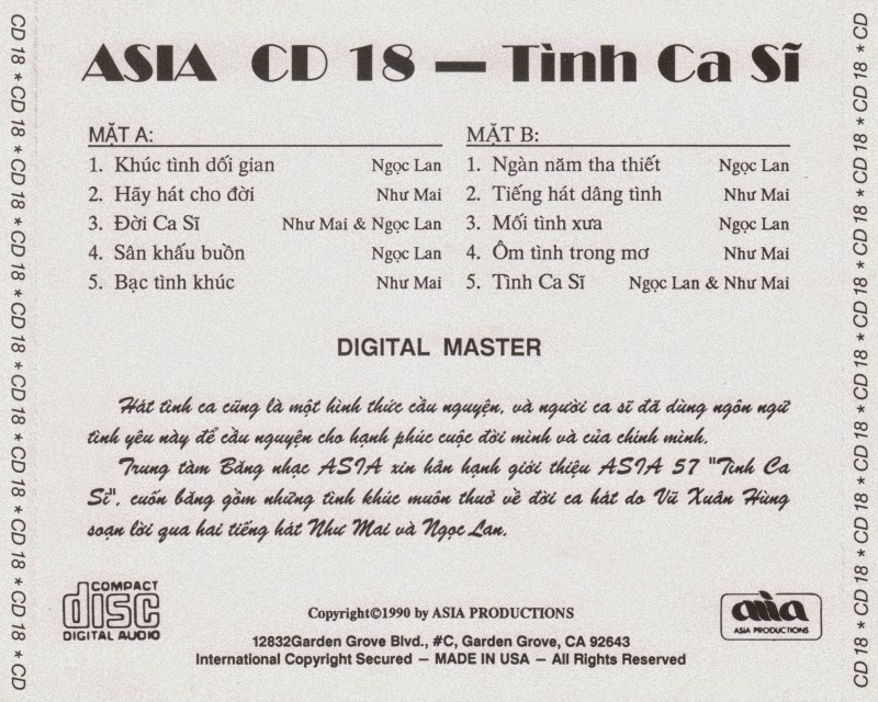 Asia CD 18 - Ngọc Lan, Như Mai - Tình Ca Sĩ ~ Cover Nhạc Việt