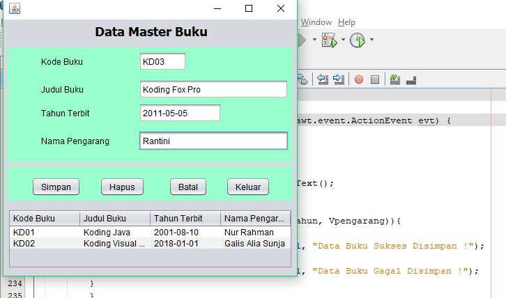 Koneksi Database Mysql dan CRUD Java NetBeans : Koding Simpan Java Netbeans