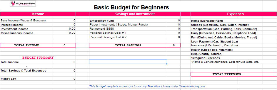 The Wise Living Basic Budget For Beginners Best Budget Template