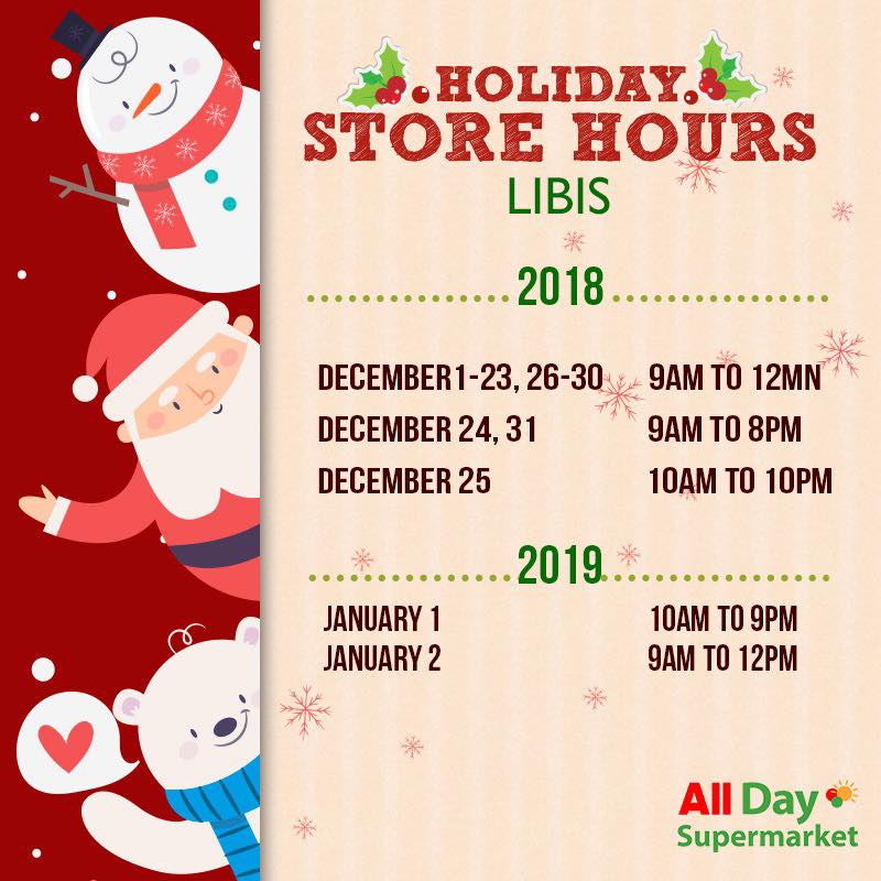Manila Shopper: Holiday 2018 Schedule of Malls, Supermarkets, Theme Parks