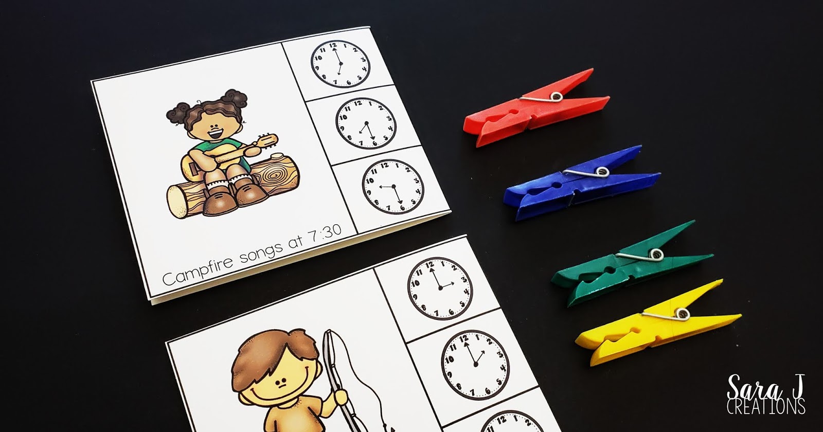 Camping Themed Telling Time to the Half Hour Clip Cards | Sara J Creations