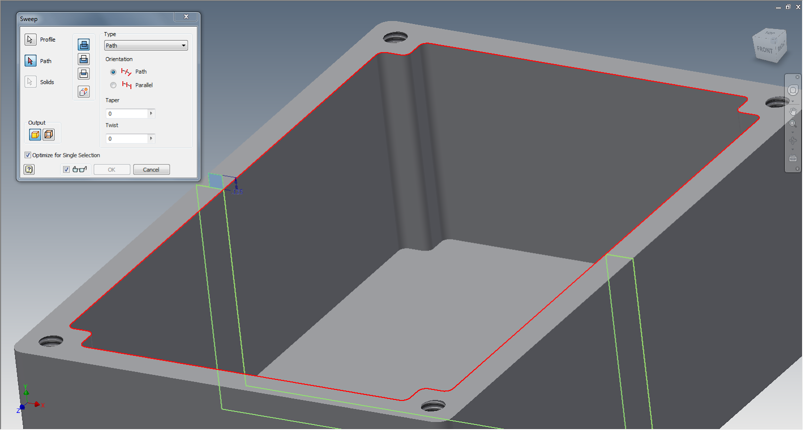 Sweeping using an edge. The edge is highlighted, but not selected yet.
