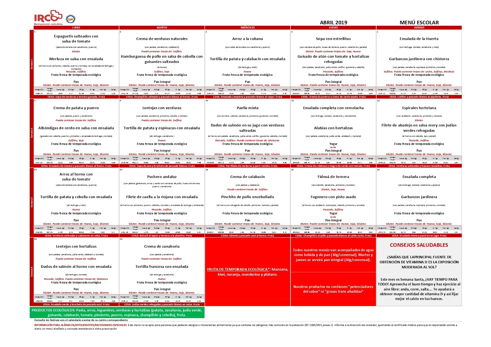 CEIP LOS ALCALÁ GALIANO: Menú basal mes de Abril y modificación menú 27 ...
