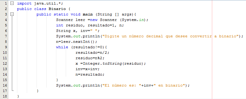 Ejemplo de código en JAVA convertir un numero decimal a binario