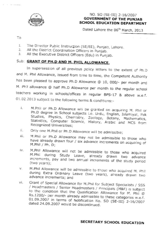 PHD and MPHIL Allowance - Notification World