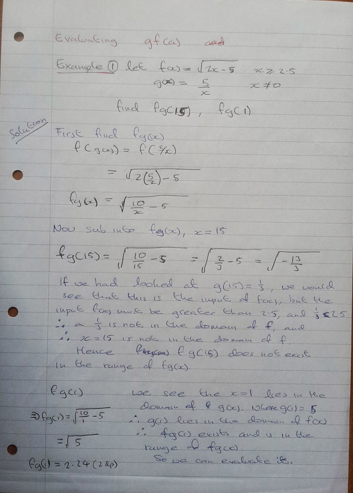 A Level Maths Notes: A2 - Composite function: Finding an element in range