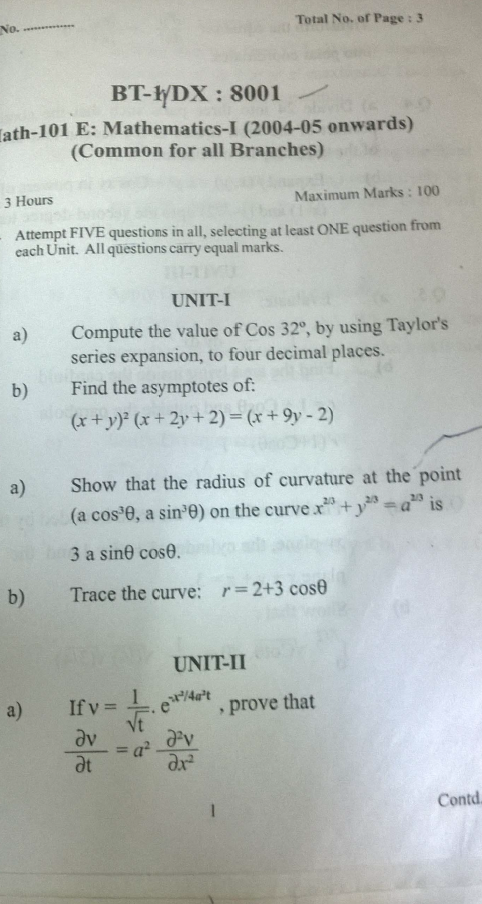 Math-101 E: Mathematics-I KUK B.Tech 1st Year 2010 Question Paper ...