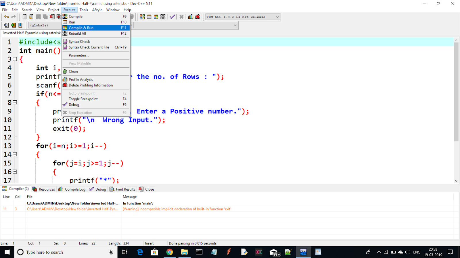 Inverted Half Pyramid Using Asterisk In C Language