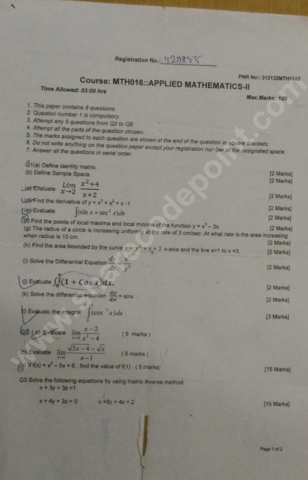 Mth016 Applied Mathematics Ii End Term Question Paper Lpu