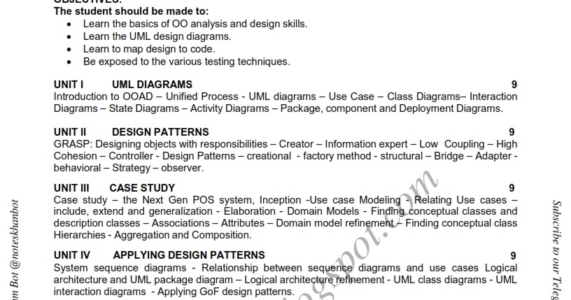 Cs6502 Object Oriented Analysis And Design Syllabus Semester V It Btech Anna University