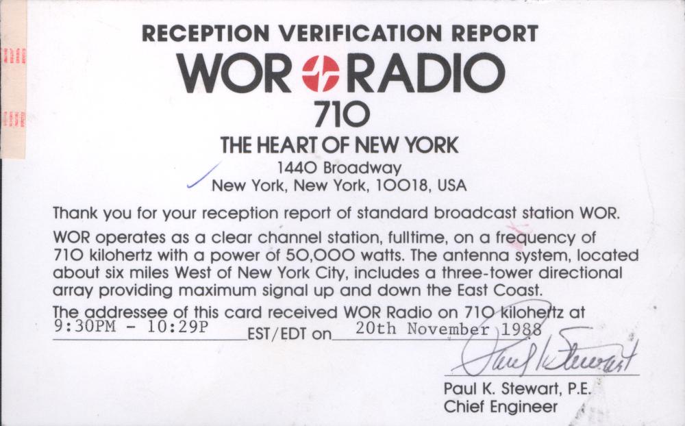 Cape Dx - Gary Deacon: WOR New York NY 710 kHz QSL and Audio