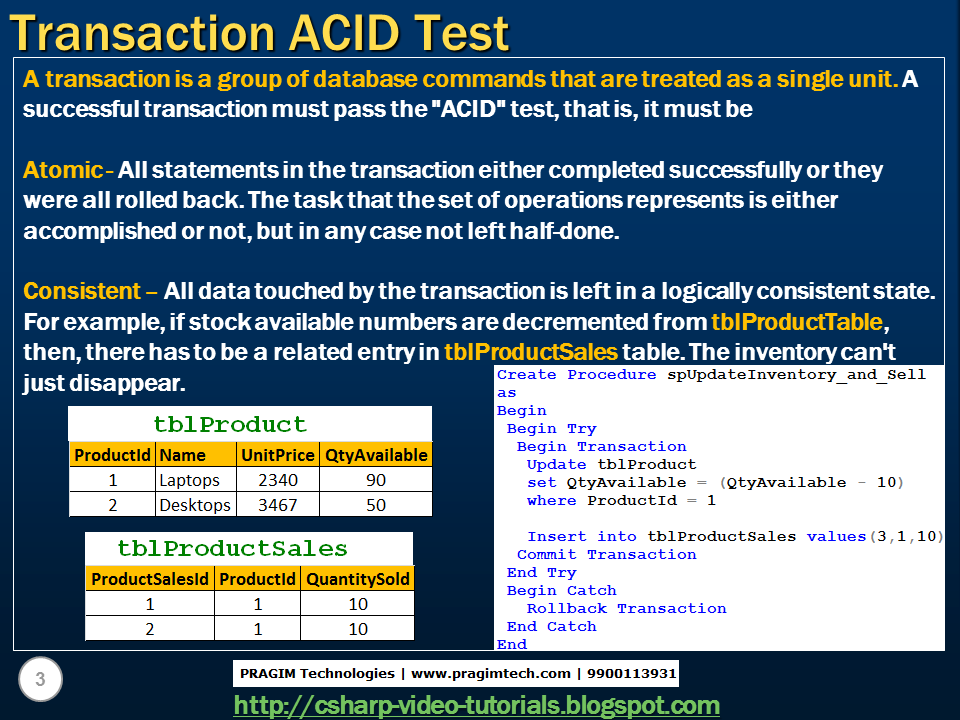 Sql server, .net and c# video tutorial: Part 58 – Transaction ACID Test