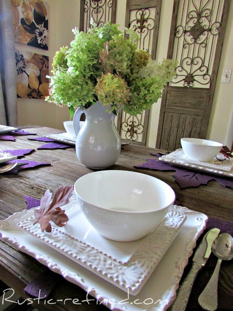 Tablescape for Fall using Purple & White | Rustic & Refined