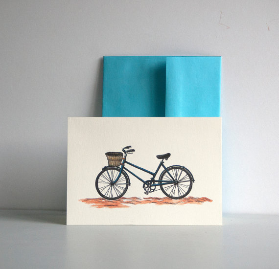 Vintage Bicycle Note Card Set with Envelope Original Artwork - Unxia