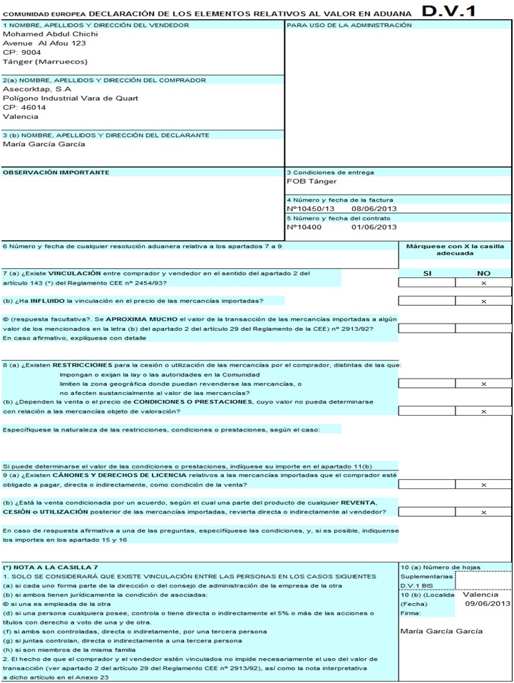 ASECORKTAP : DV1- Declaración de valor