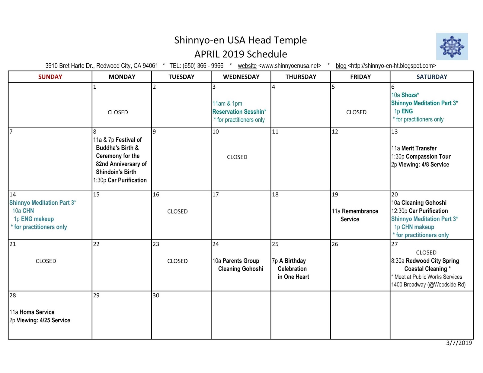 Shinnyo-en USA Head Temple : APRIL 2019 SCHEDULE