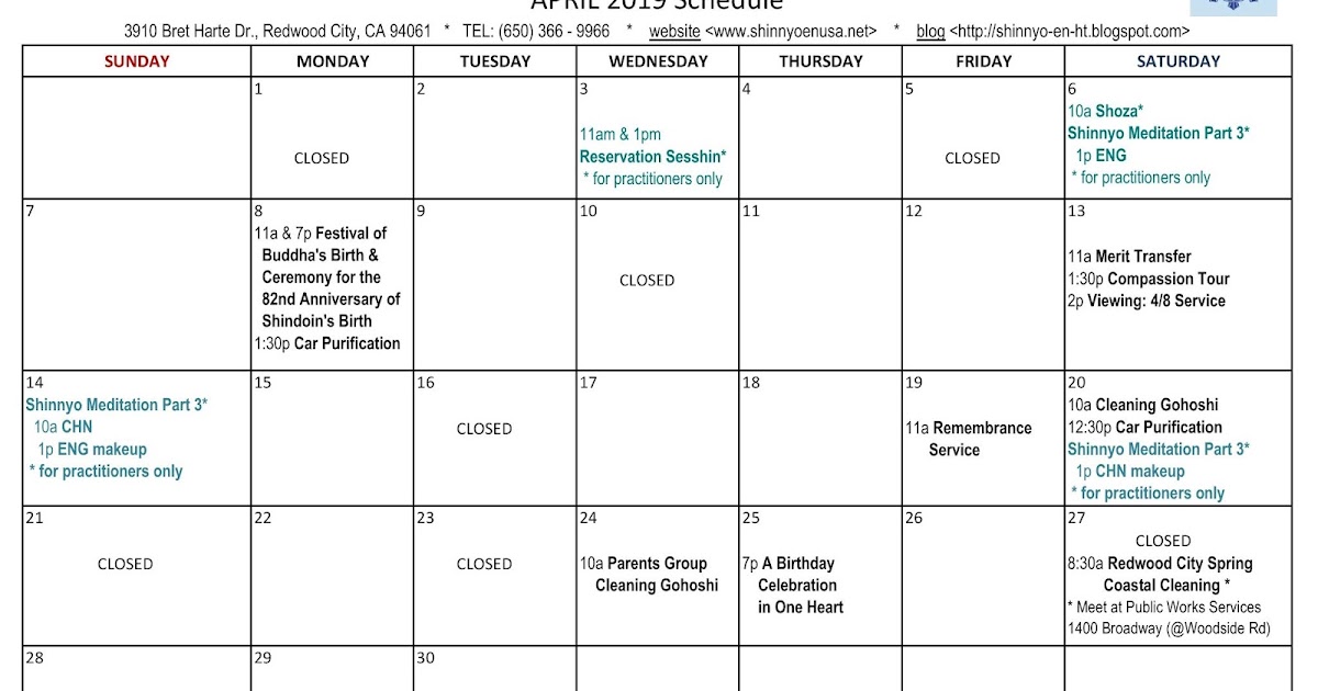 Shinnyo-en USA Head Temple : APRIL 2019 SCHEDULE