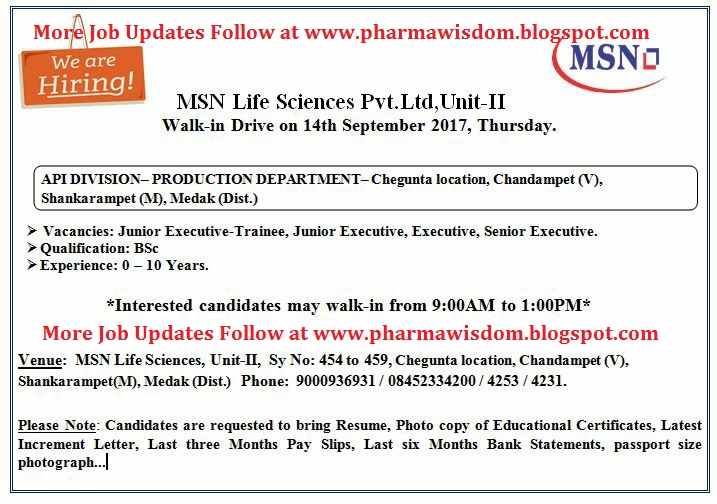 MSN Life Sciences Pvt Ltd Walk In Drive For Production Department On msn-life-sciences-pvt-ltd-walk-in-drive-for-production-department-on