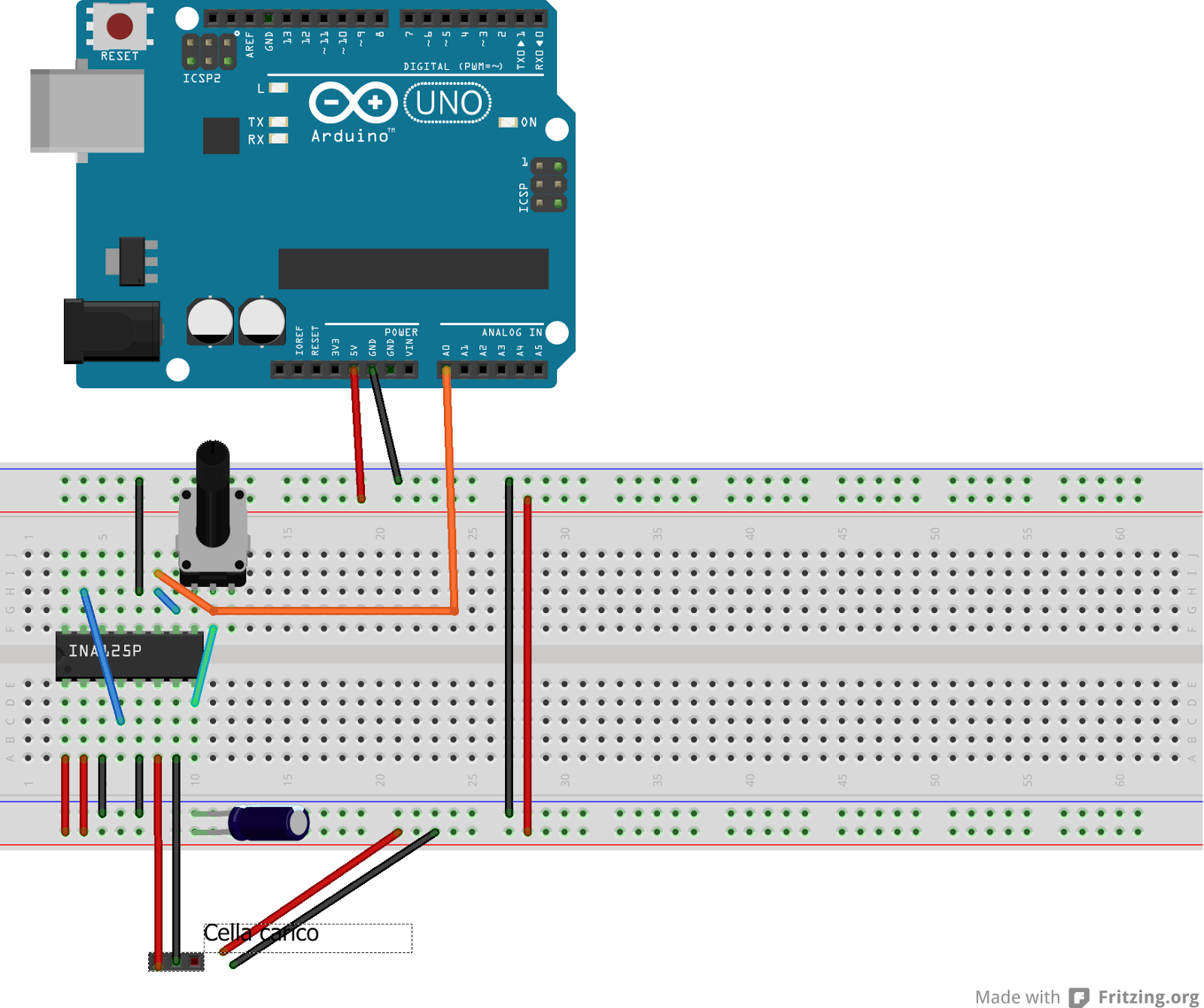 DHOB: Instrumentation Amplifier (INA125P) per Arduino e cella di carico