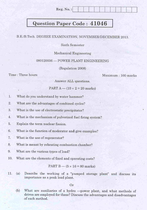 ME2403 Power Plant Engineering Nov Dec 2013 Question Paper - University ...