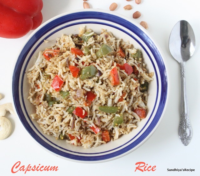 Sandhiya's Cookbook: Capsicum Rice | Capsicum with Nuts Rice | Rice Recipe