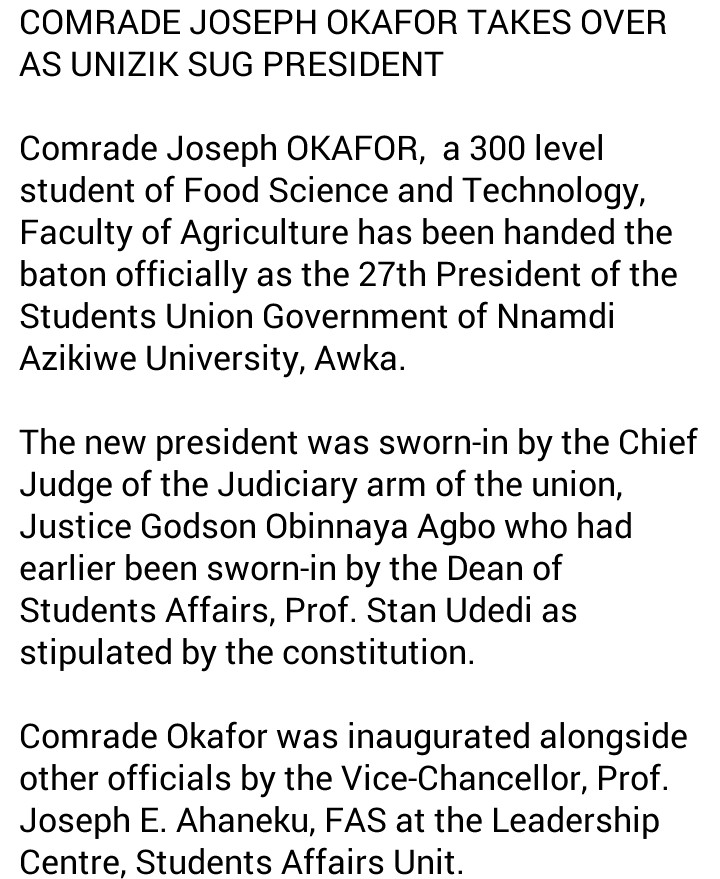 Meet the 27th SUG President of Unizik Comr. Joseph Okafor | WELCOME