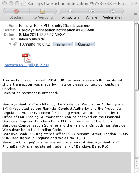 Vorsicht email: Barclays Bank email mit schädlichem PDF-Datei-Anhang