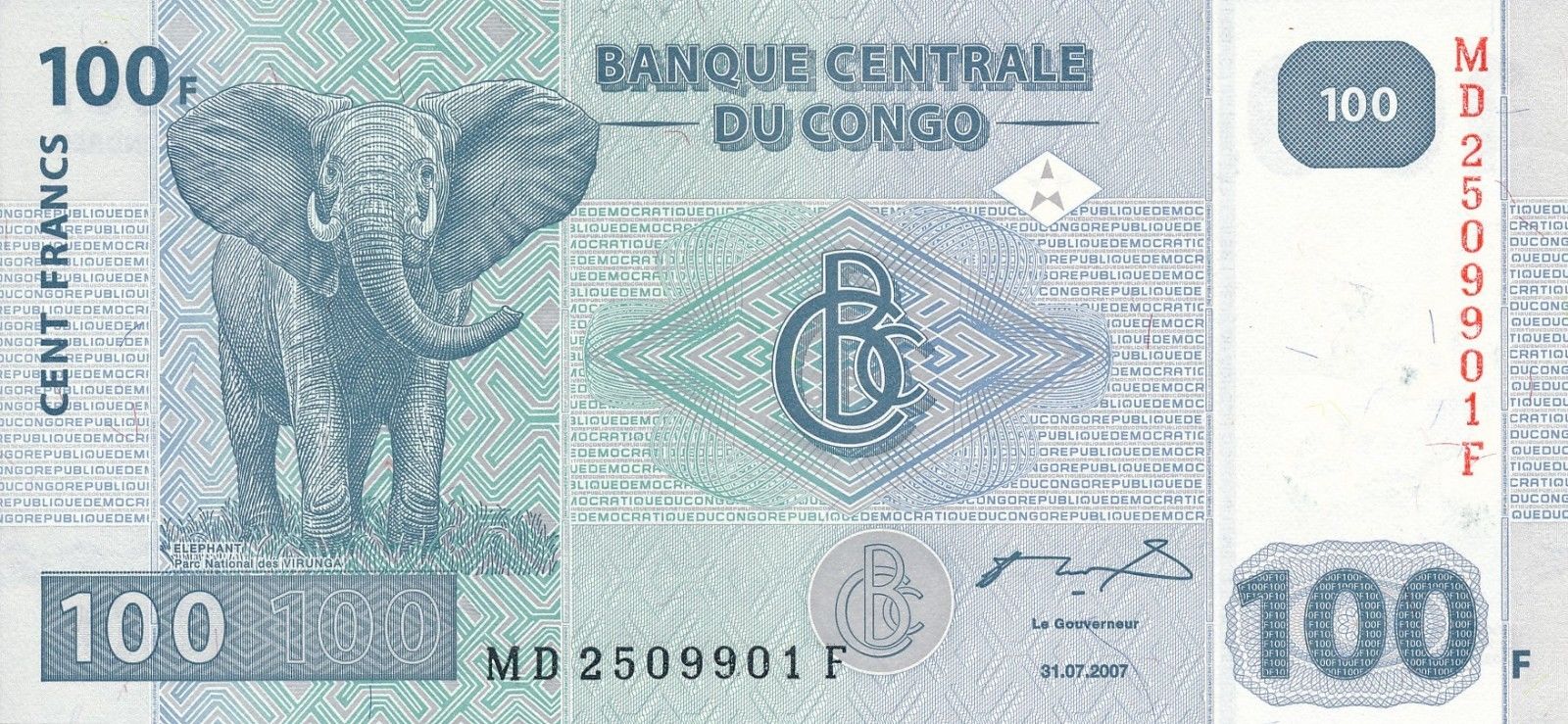 Congo Democratic Republic 100 Congolese francs banknote 2007 Elephant ...