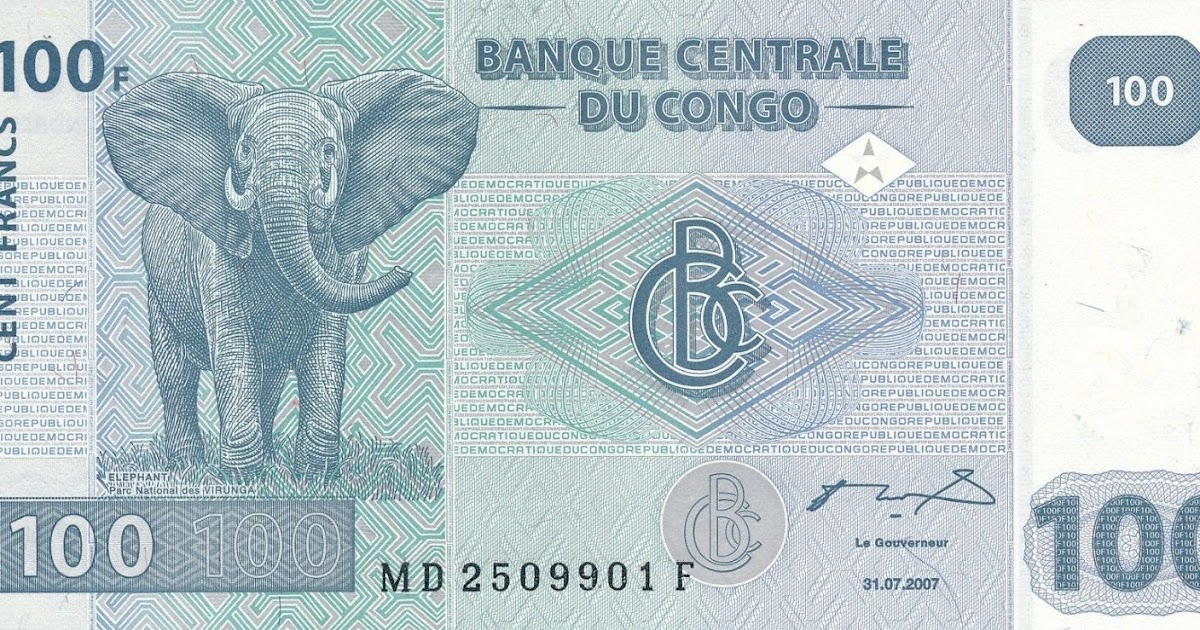 Congo Democratic Republic 100 Congolese francs banknote 2007 Elephant ...