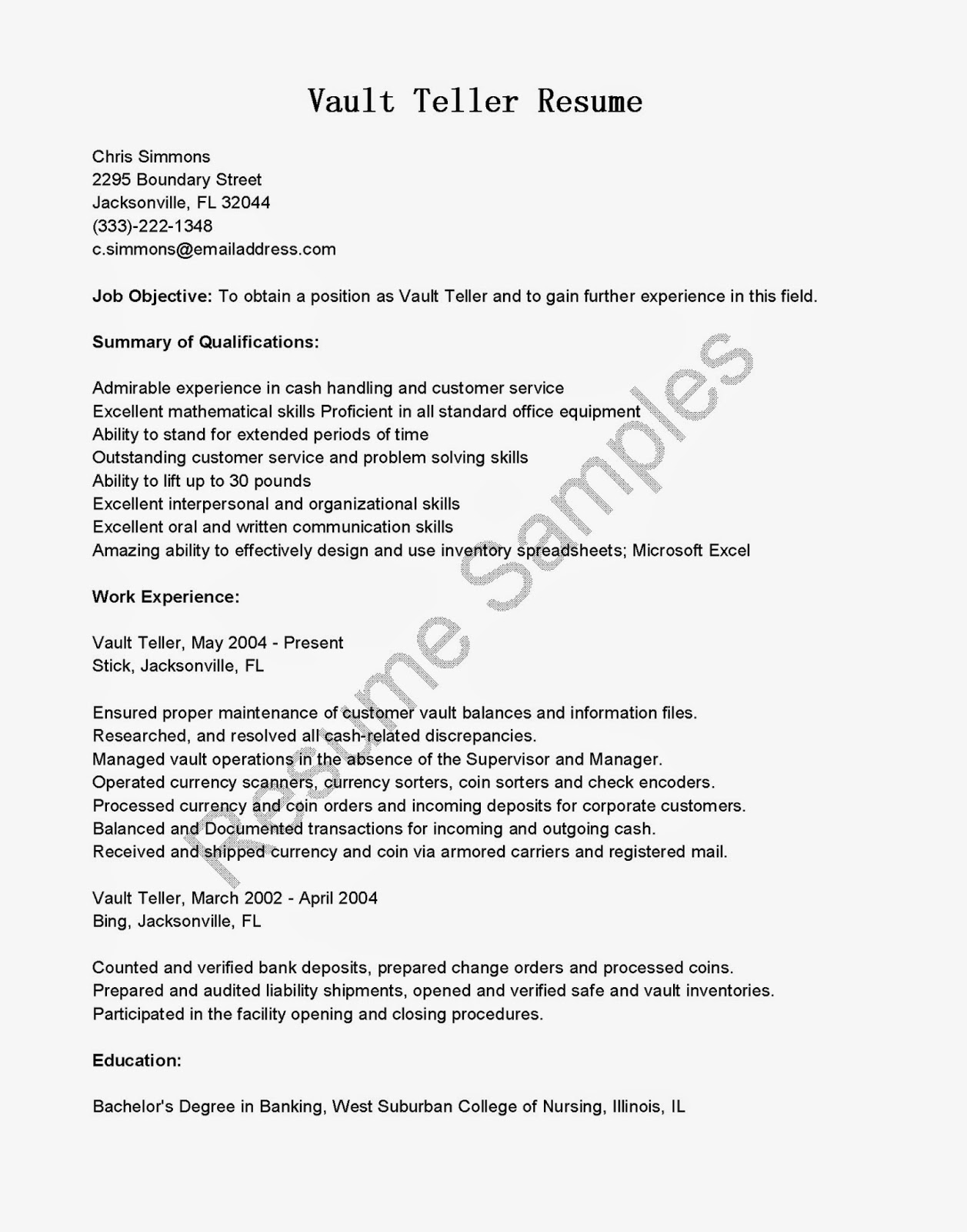 Resume Samples: Vault Teller Resume Sample