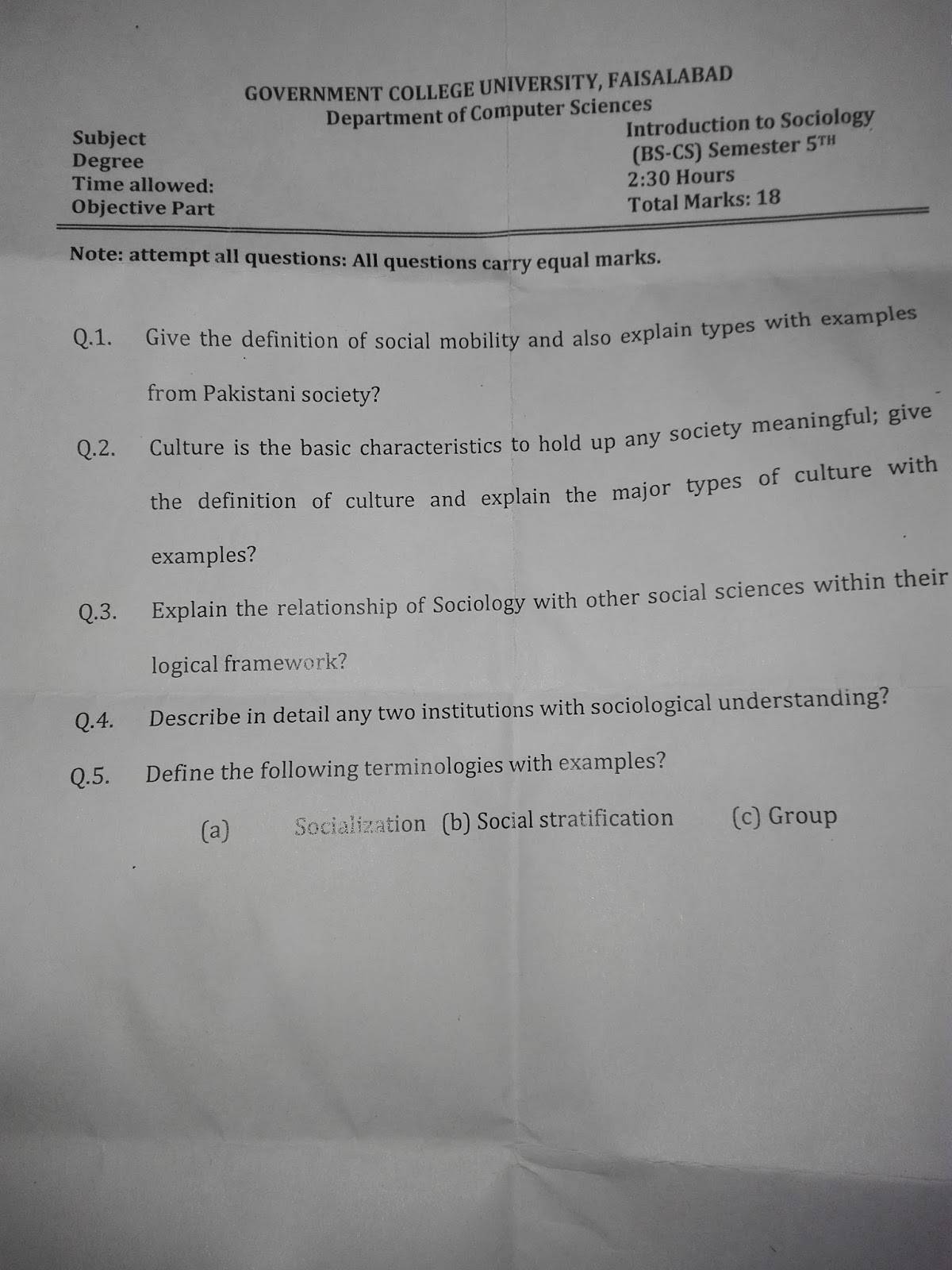 GC University Faisalabad - Past Papers: February 2016