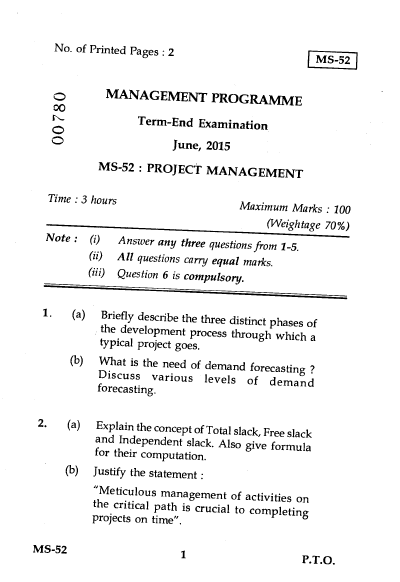 IGNOU MS-52 Project Management June 2015 Question Paper - University ...