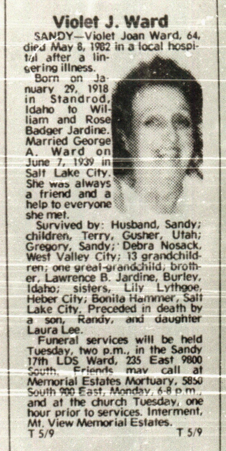 George and Lillie Lythgoe: Death info of Violet J Ward