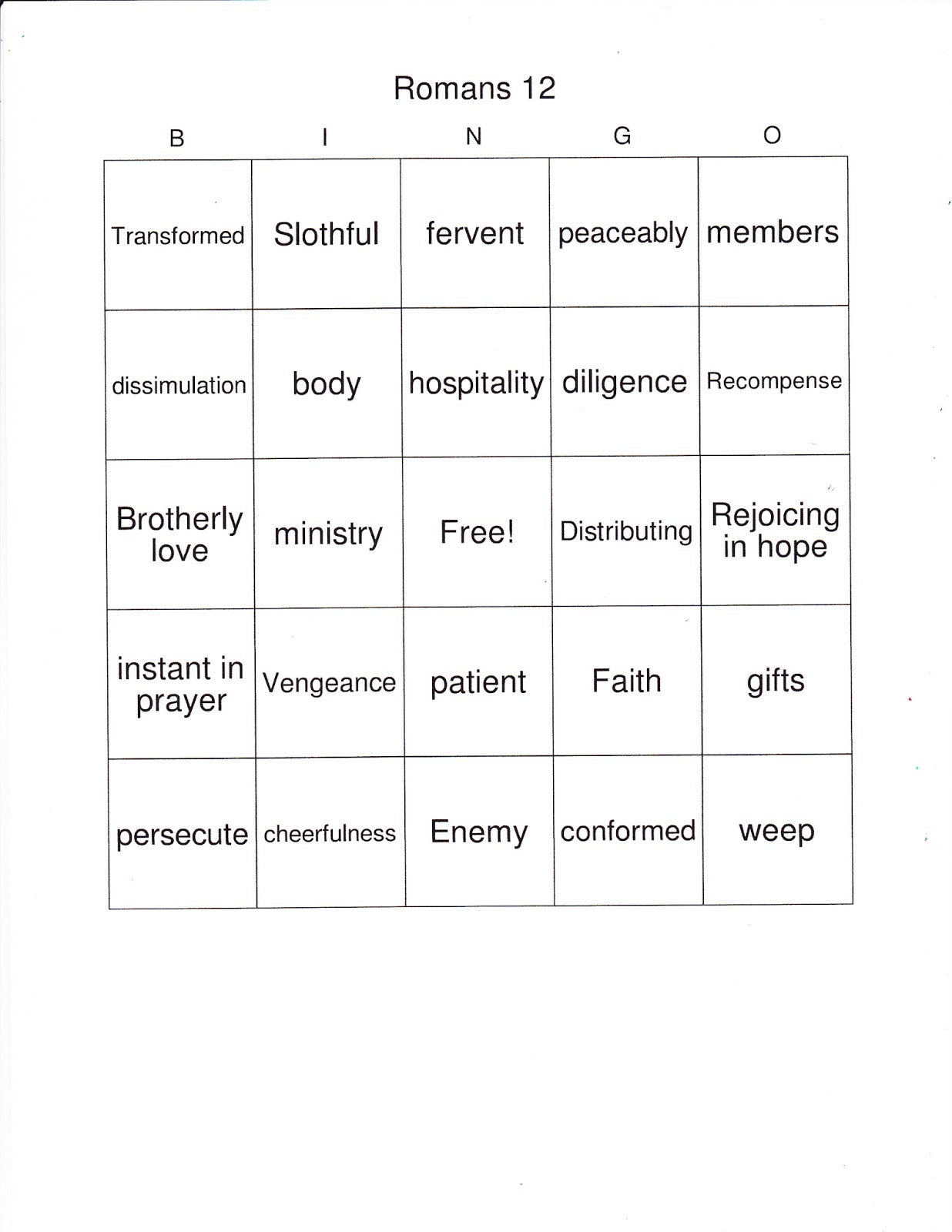 Children's Gems In My Treasure Box: Romans 12 - Bingo Cards