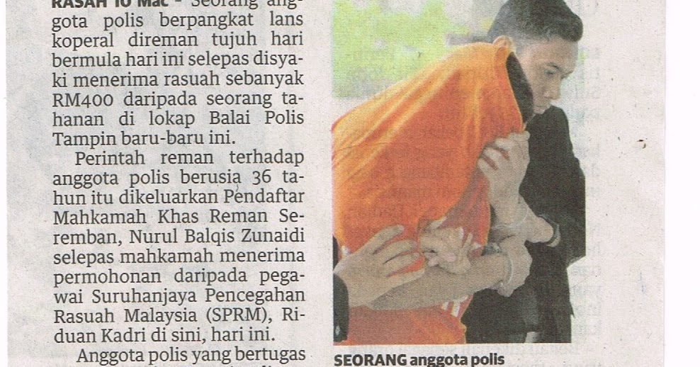 PUSAT SUMBER MAKLUMAT: Anggota polis terima rasuah RM400 direman