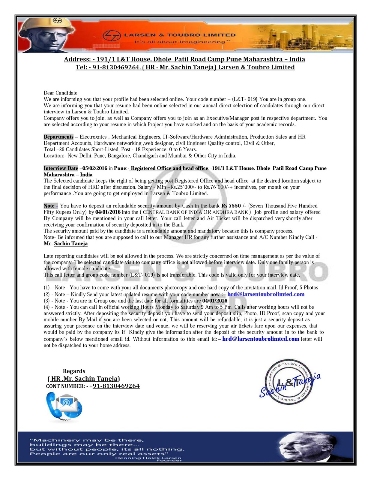 APPOINTMENT LETTER: Blog posted by Mr Sachin Taneja (HR at L&T Ltd ...