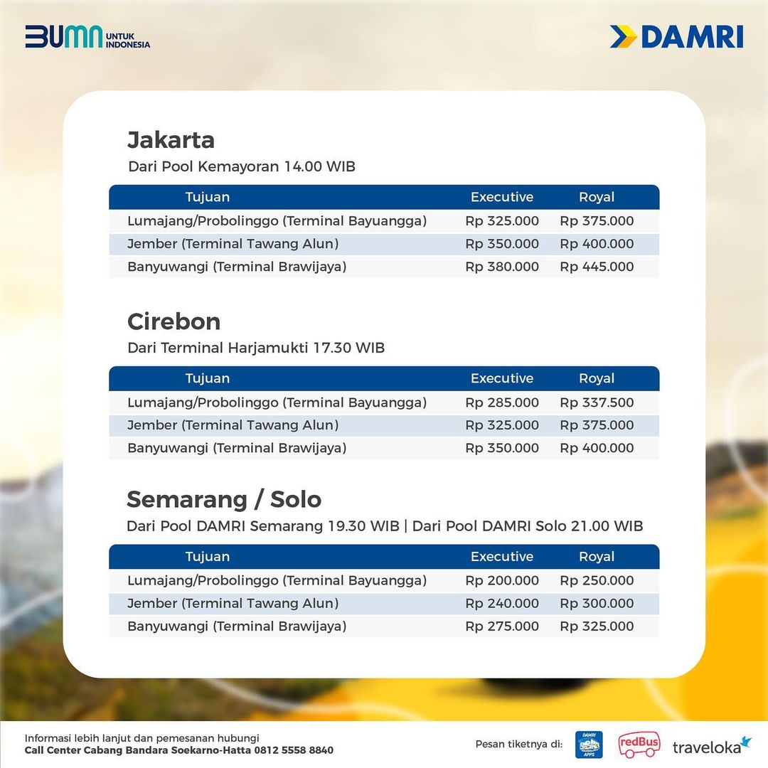 INFO JADWAL DAN HARGA TIKET BUS DAMRI RUTE JAKARTA-BANYUWANGI PP