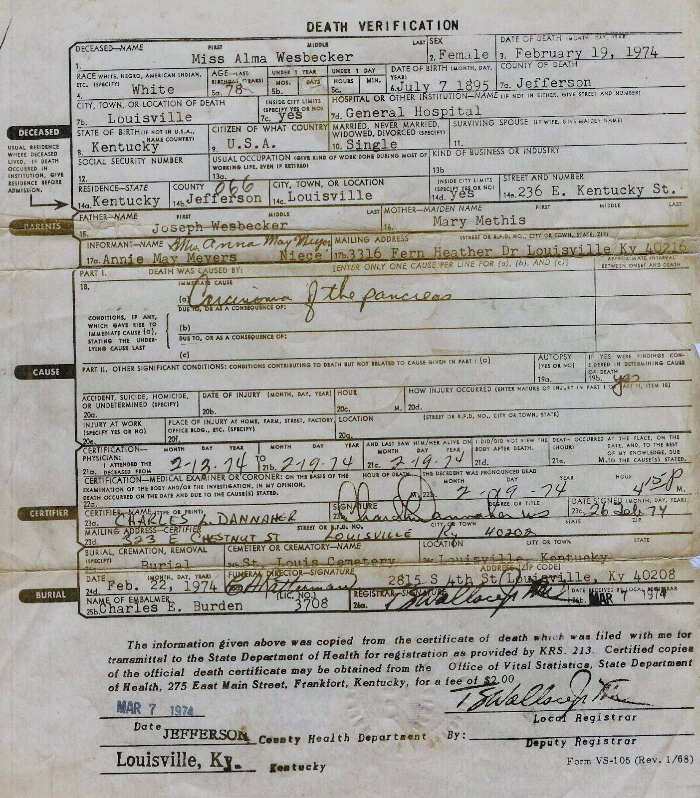 Remembering Generations Past: Death Verification of Miss Alma Wesbecker ...