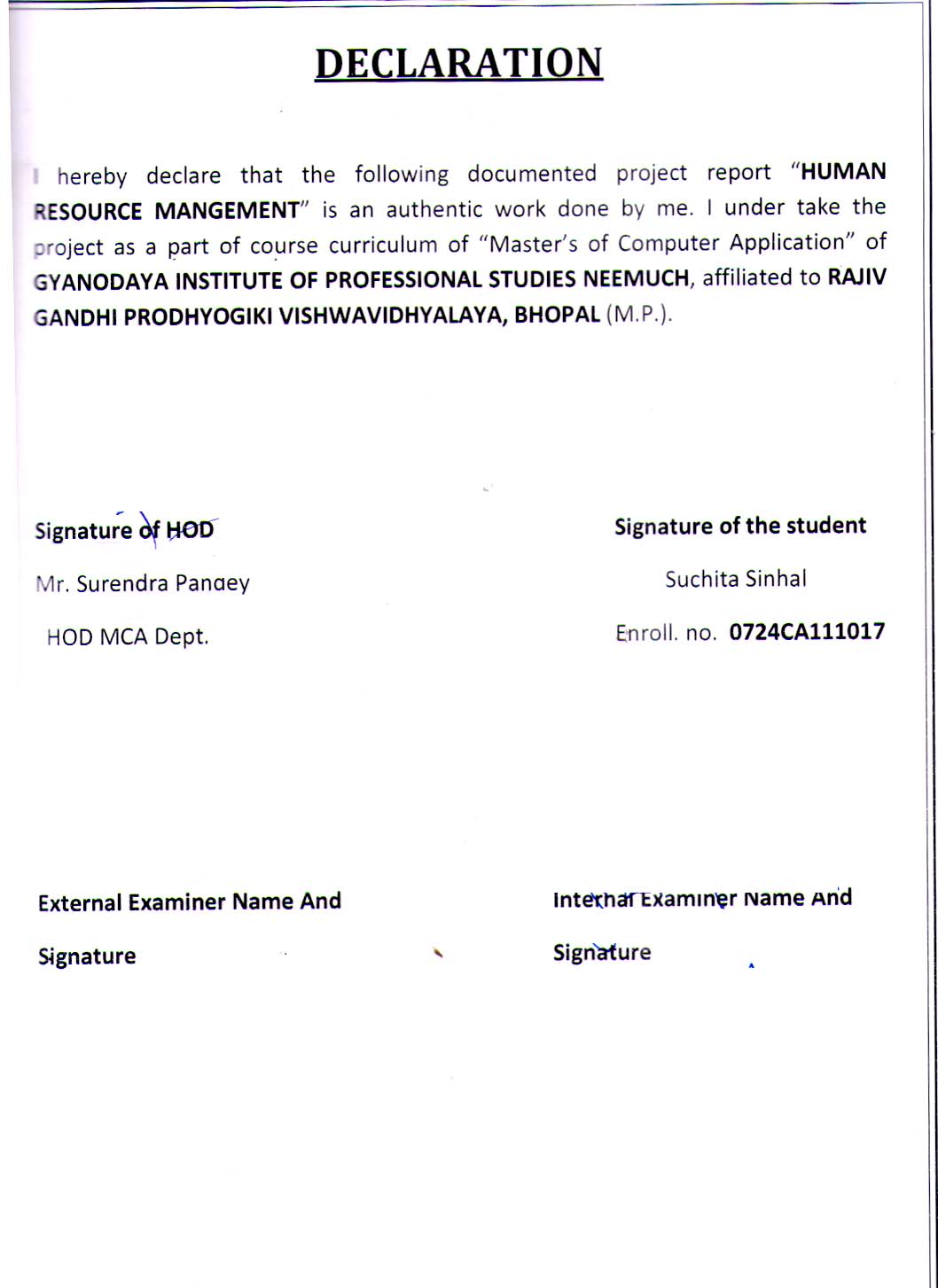 Declaration Format For Project Report Images