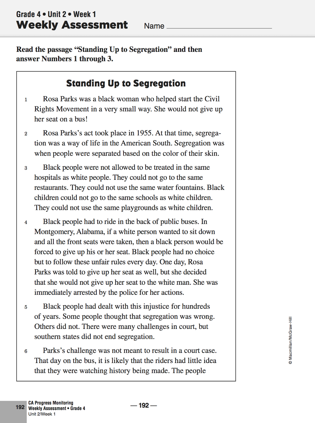 Mr. Garrett's Homework: Standing Up to Segregation - Reading Comprehension