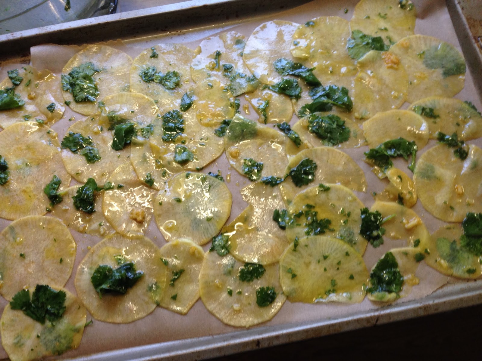 newblogi.es: Recipe: Cilantro Garlic Rutabaga Chips